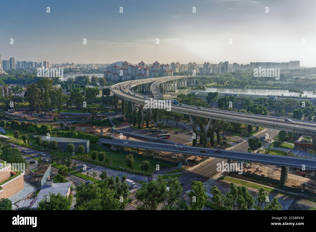an elevated highway overpass in an urban area with multiple lanes of ...