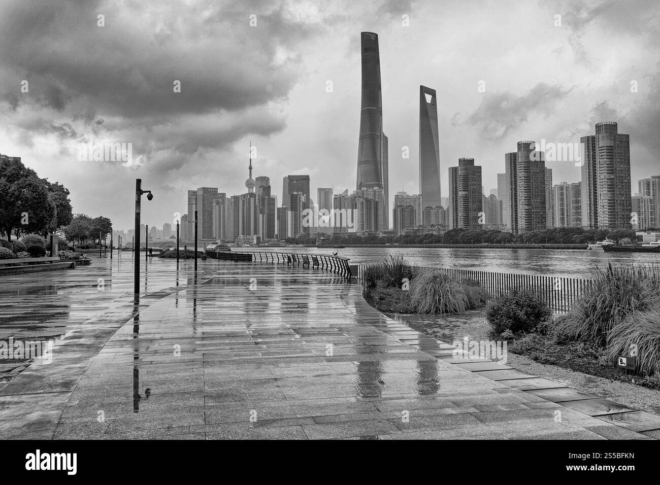 a rainy day in Shanghai, China, showcasing the city's iconic skyline ...