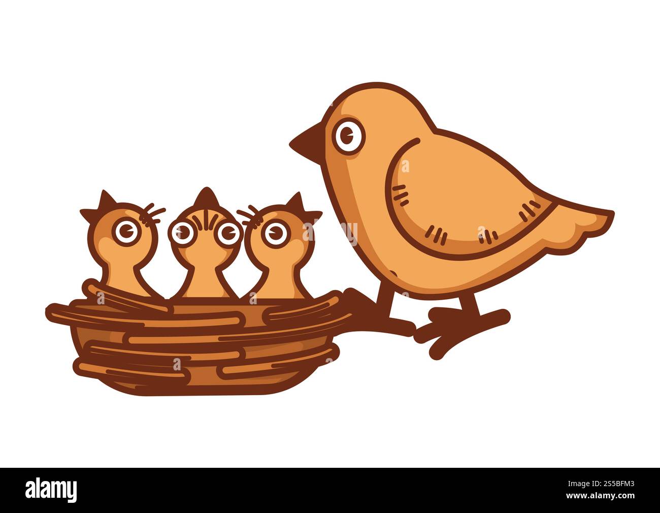 Mother bird sits on edge of nest with babies that ask for food with ...