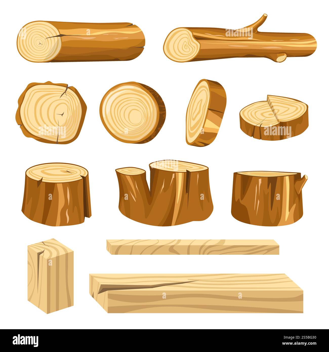 Long logs, polished planks and short stumps set. Natural wood for building and fuel. Timber of ...