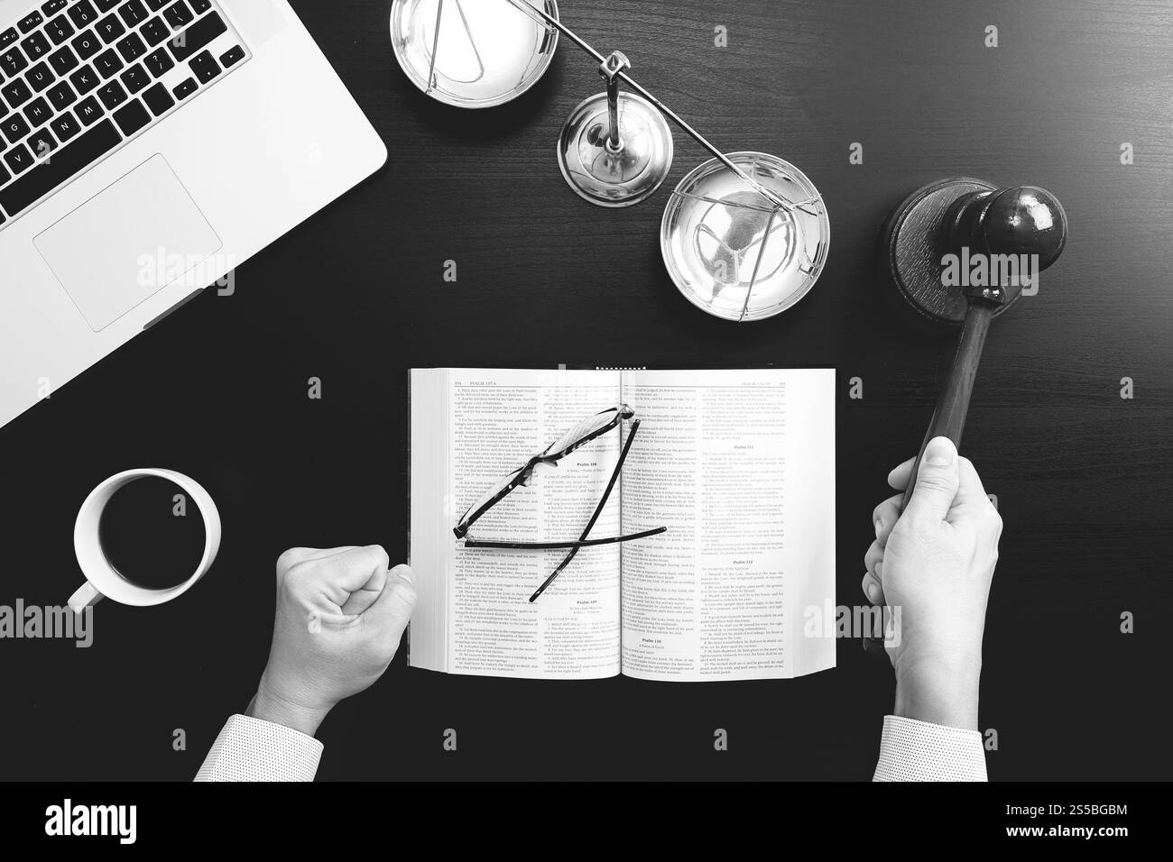 justice and law concept.Top view of Male judge hand in a courtroom with ...