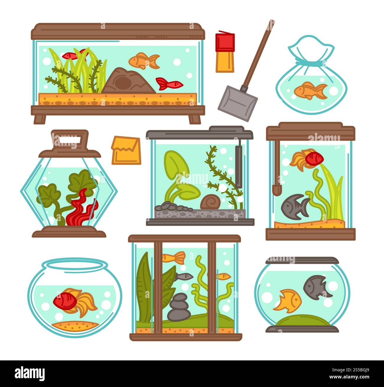 Aquariums of fish tank with tropical fishes and plants. Vector tanks ...