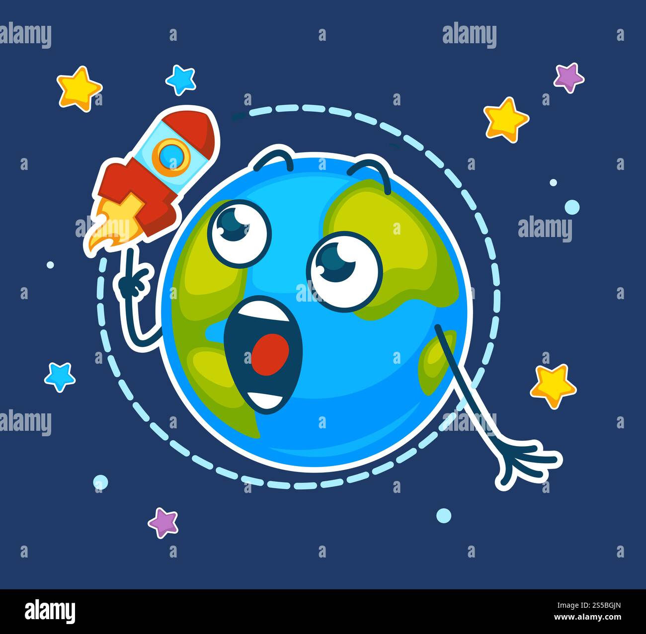 Surprised Earth and spaceship that flies around orbit out in cosmos ...