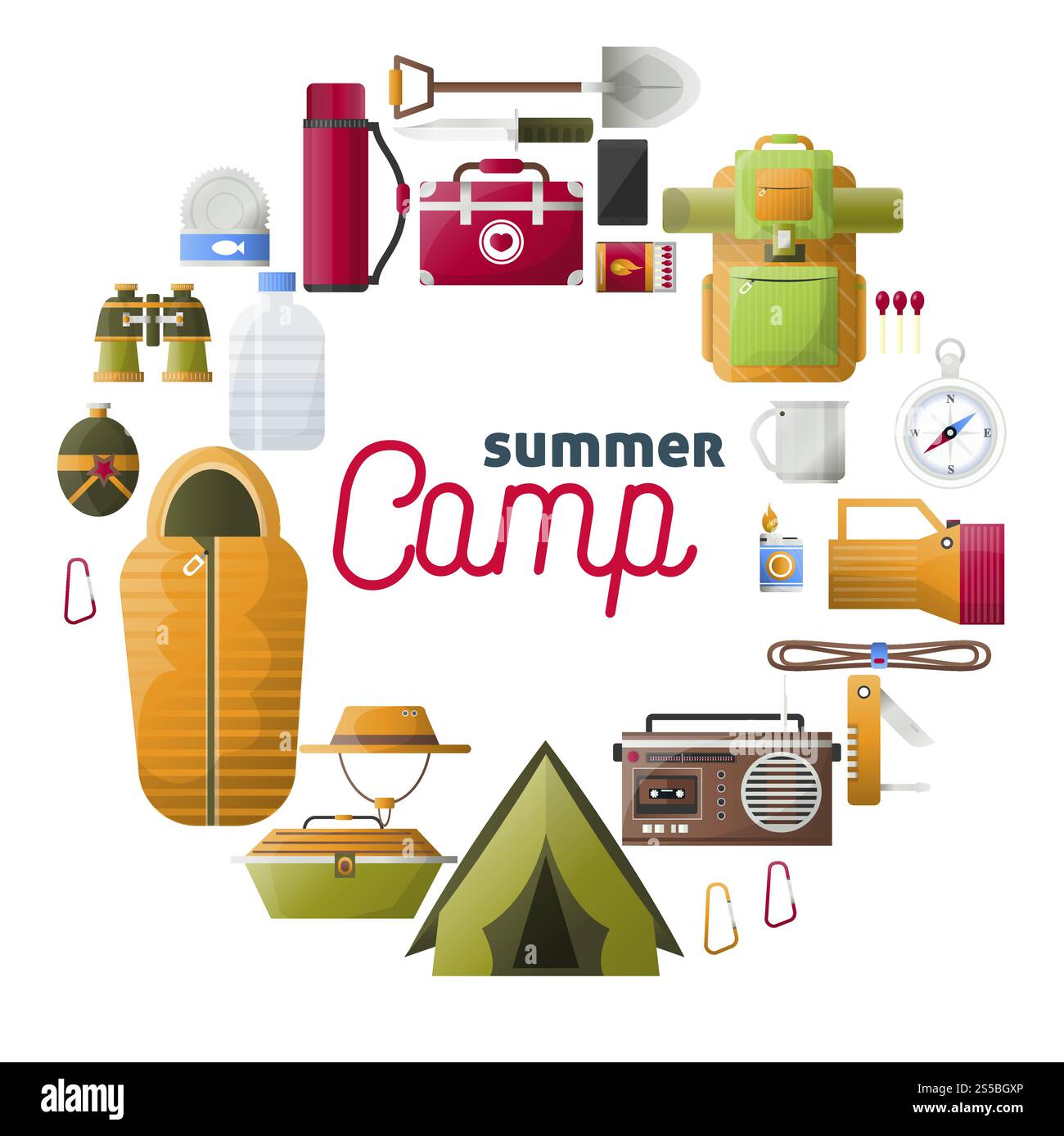 Summer camp poster of forest and hiking camping tools. Vector camping ...