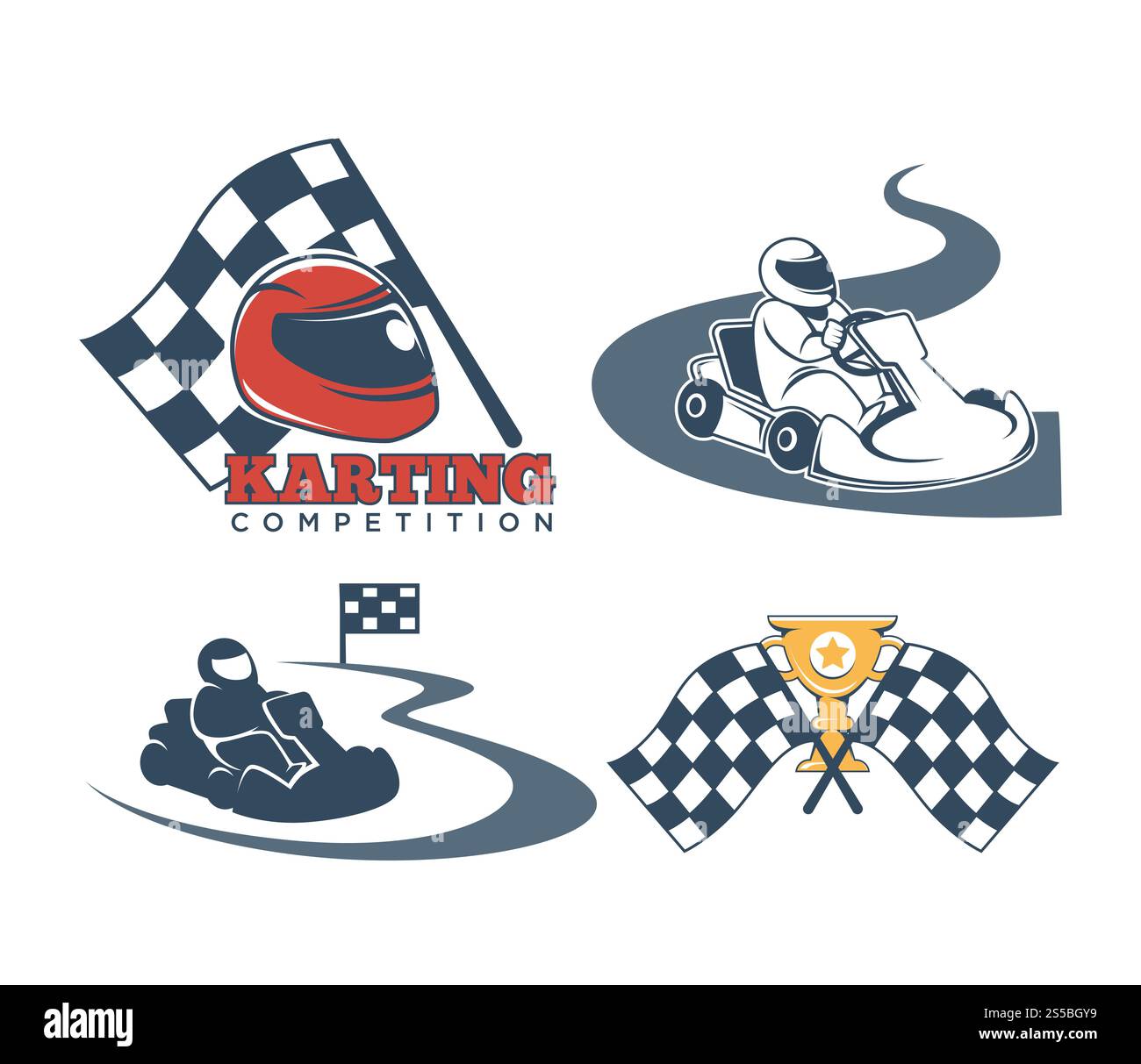 Karting promo emblems set with driver in helmet and checkered flag ...