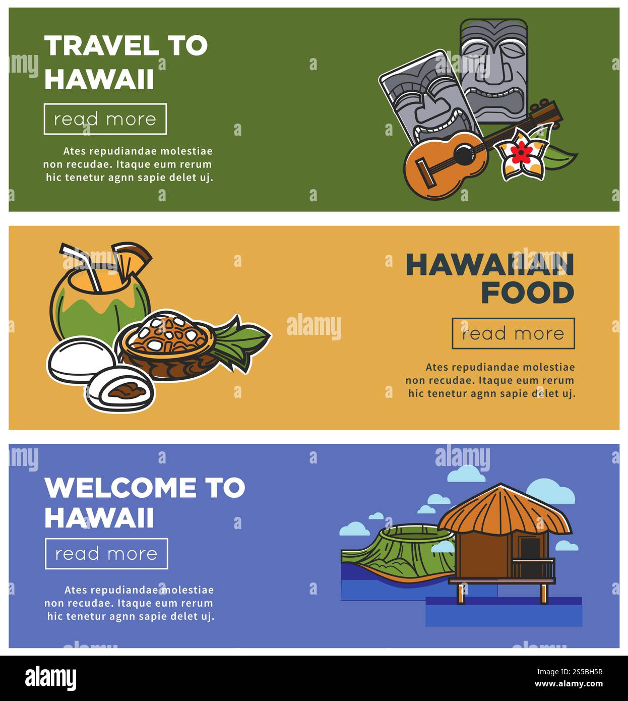 Hawaii travel web banners of famous symbols and tourist attraction ...