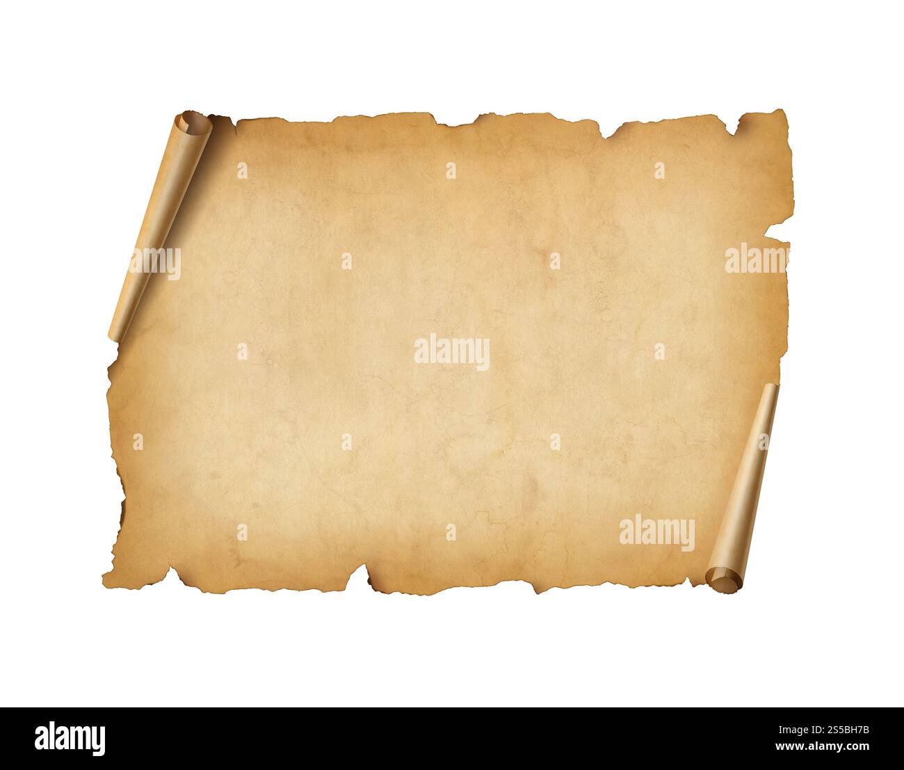 Old mediaeval paper sheet. Horizontal parchment scroll isolated on ...