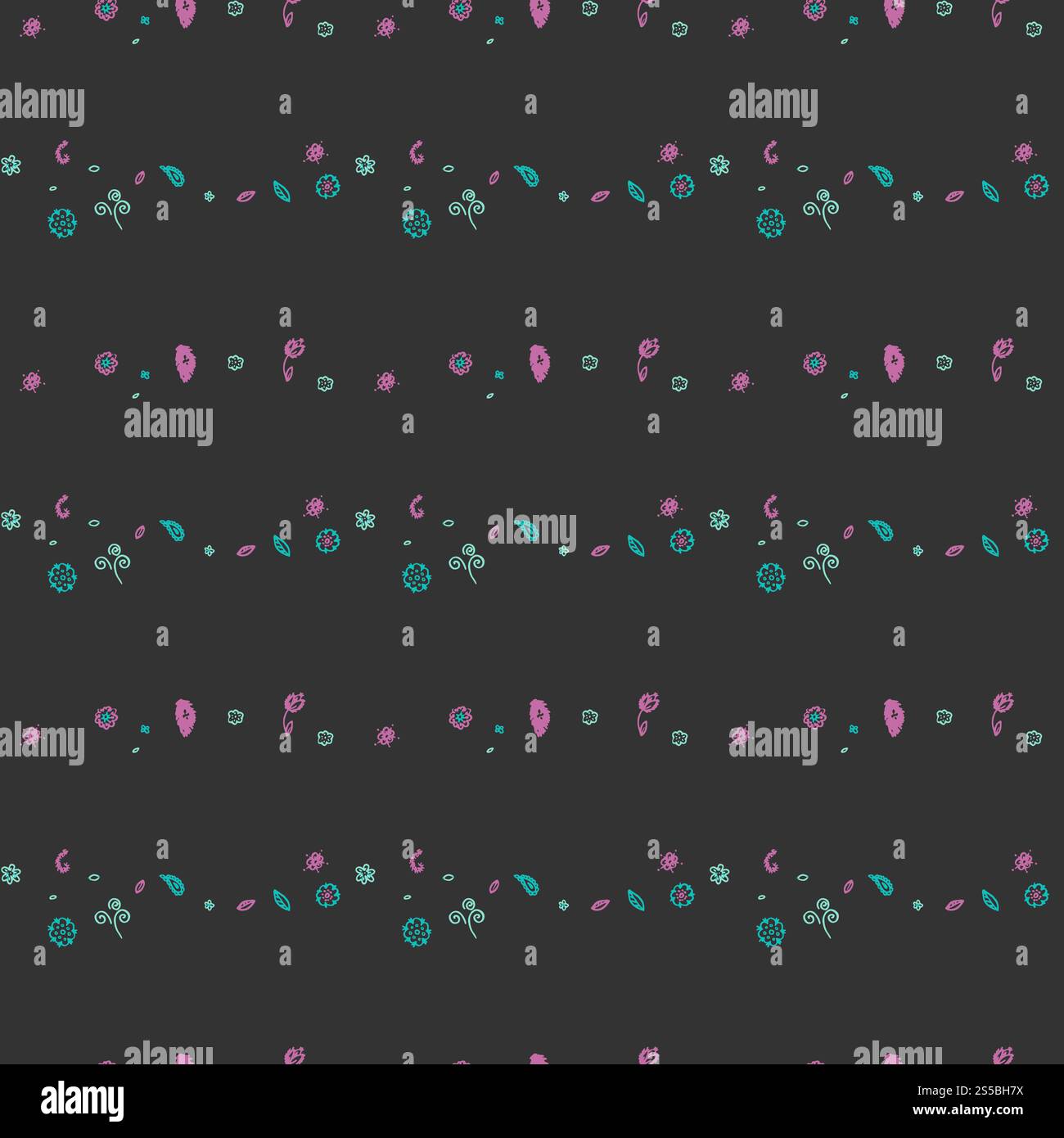 Small swirls, bright flowers and green leaves put in lines inside ...