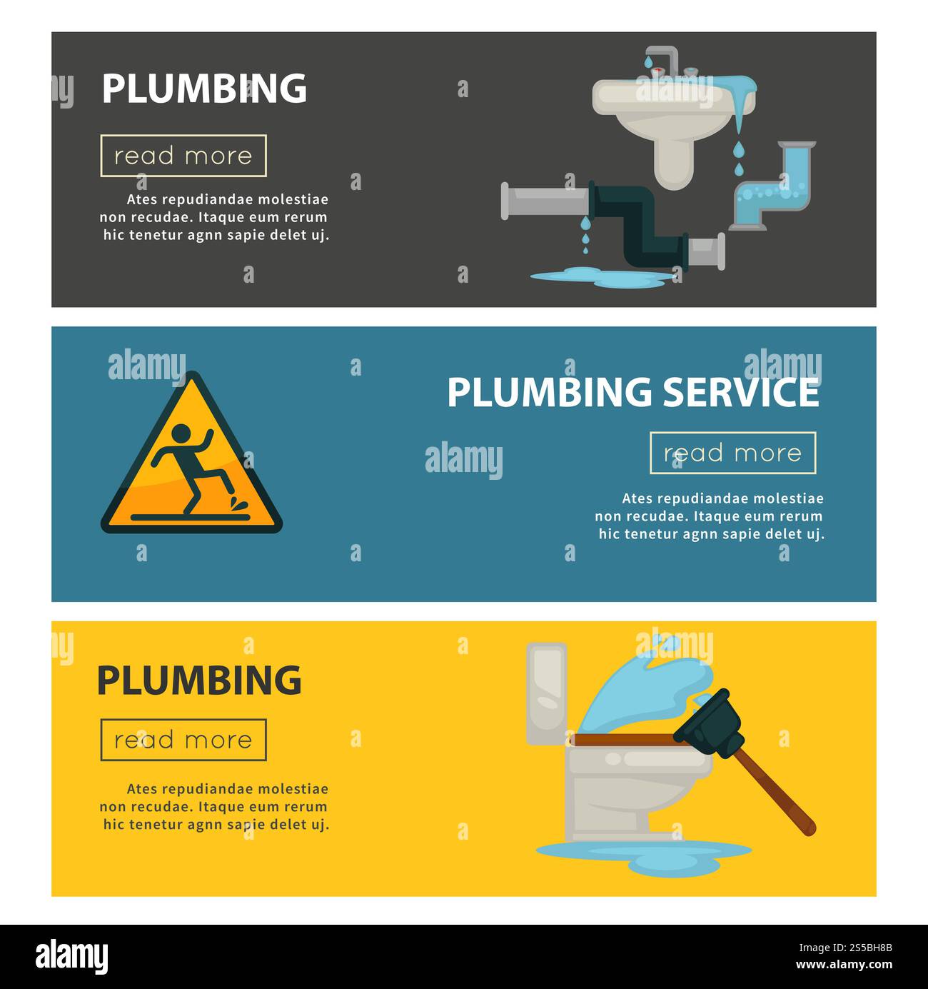 House plumbing service web banners of plumber work tools. Vector flat ...