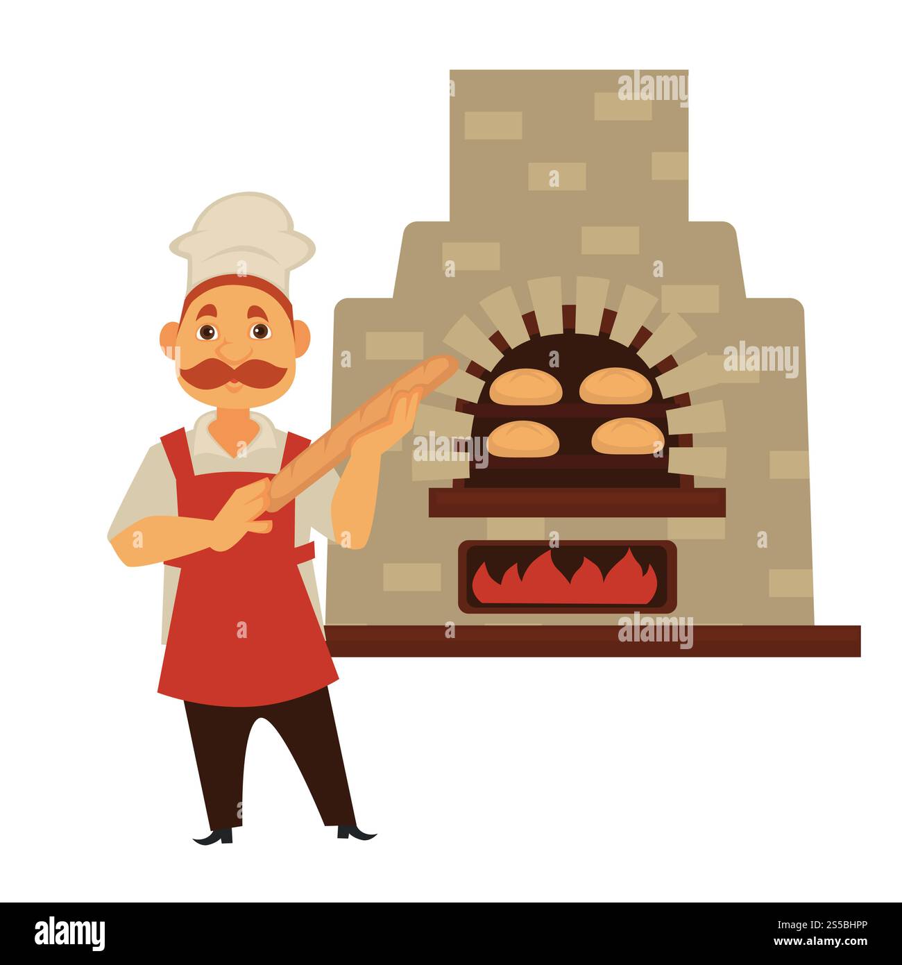 Baker with mustache and baguette stands near old brick stove with open ...