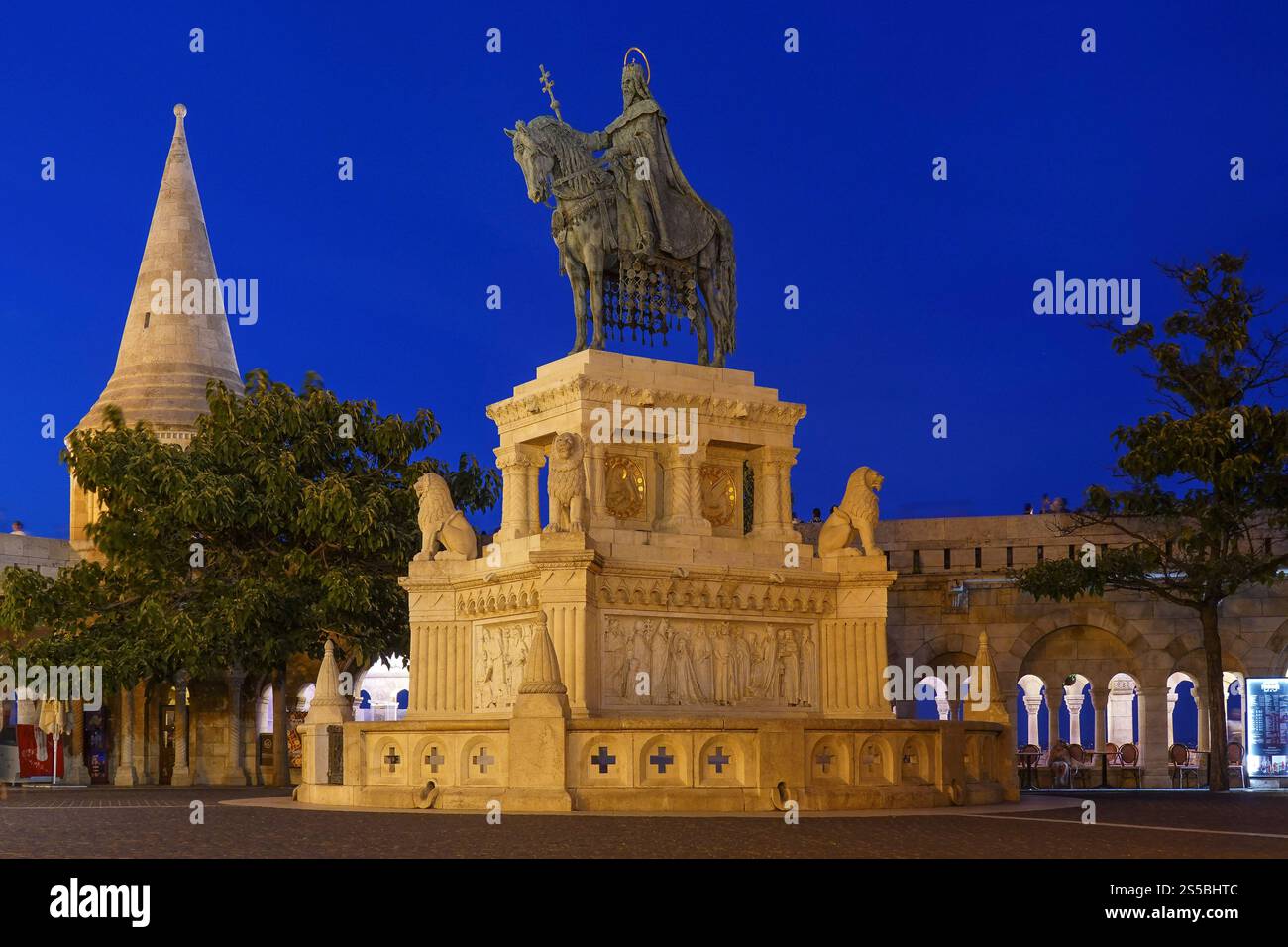 Hungary, Budapest, Fisherman's Bastion and equestrian statue of of King ...