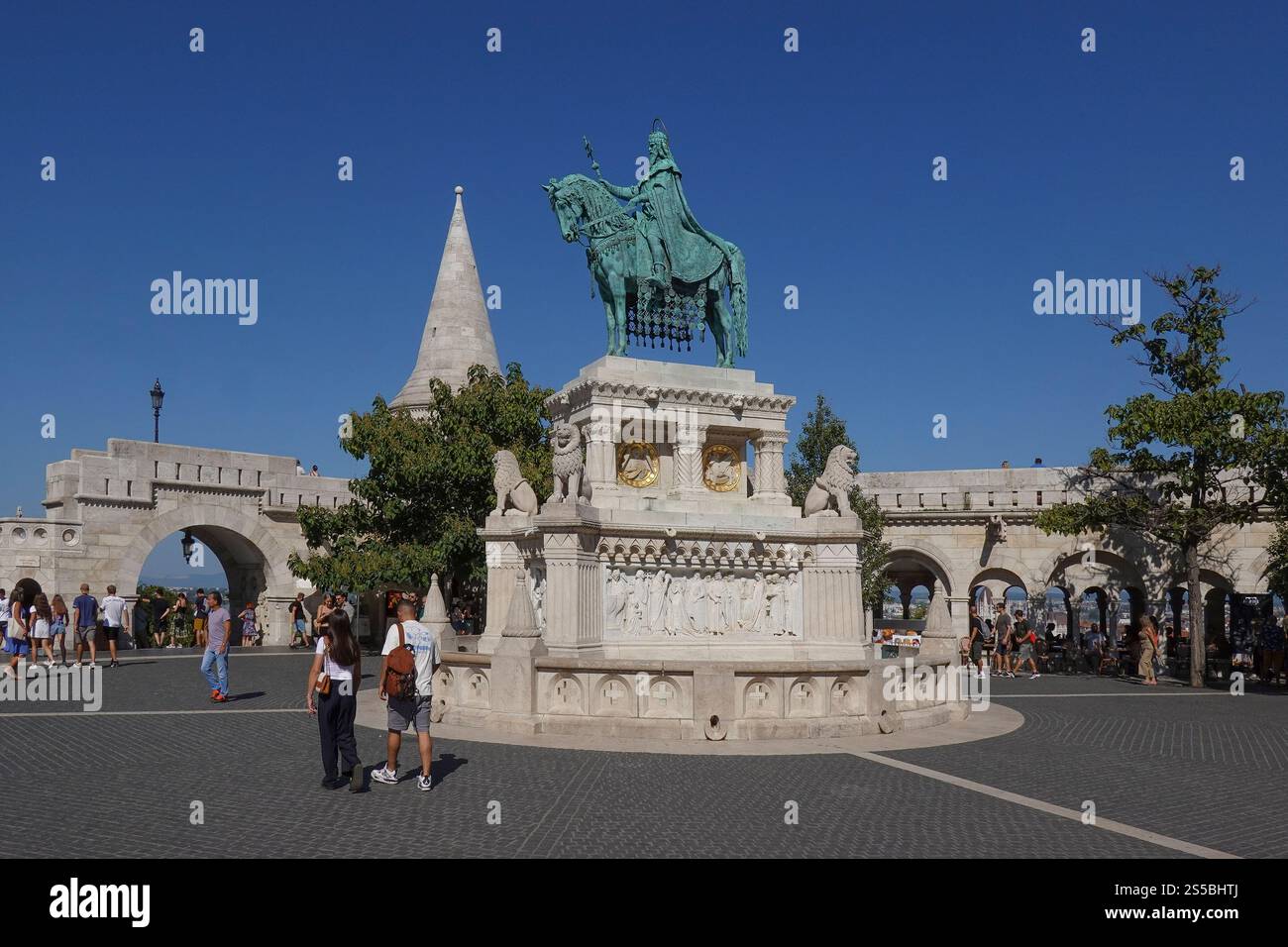 Hungary, Budapest, Fisherman's Bastion and equestrian statue of of King ...