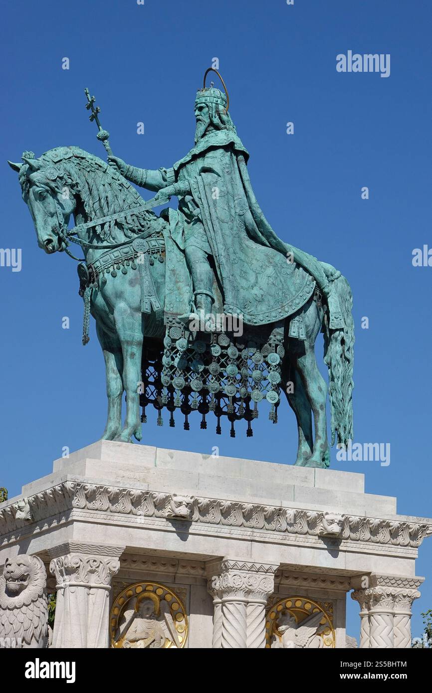Hungary, Budapest, Fisherman's Bastion and equestrian statue of of King ...