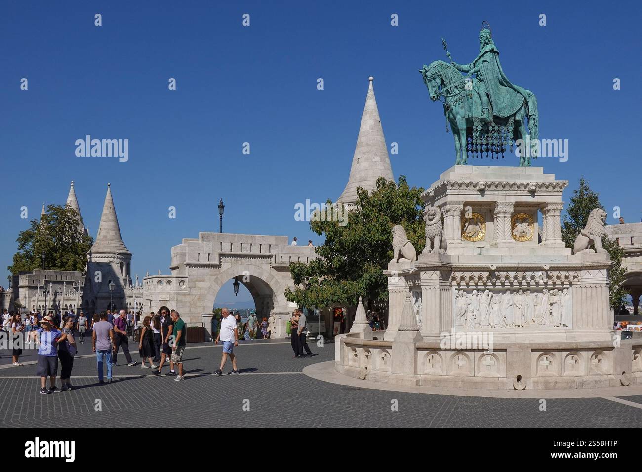 Hungary, Budapest, Fisherman's Bastion and equestrian statue of of King ...