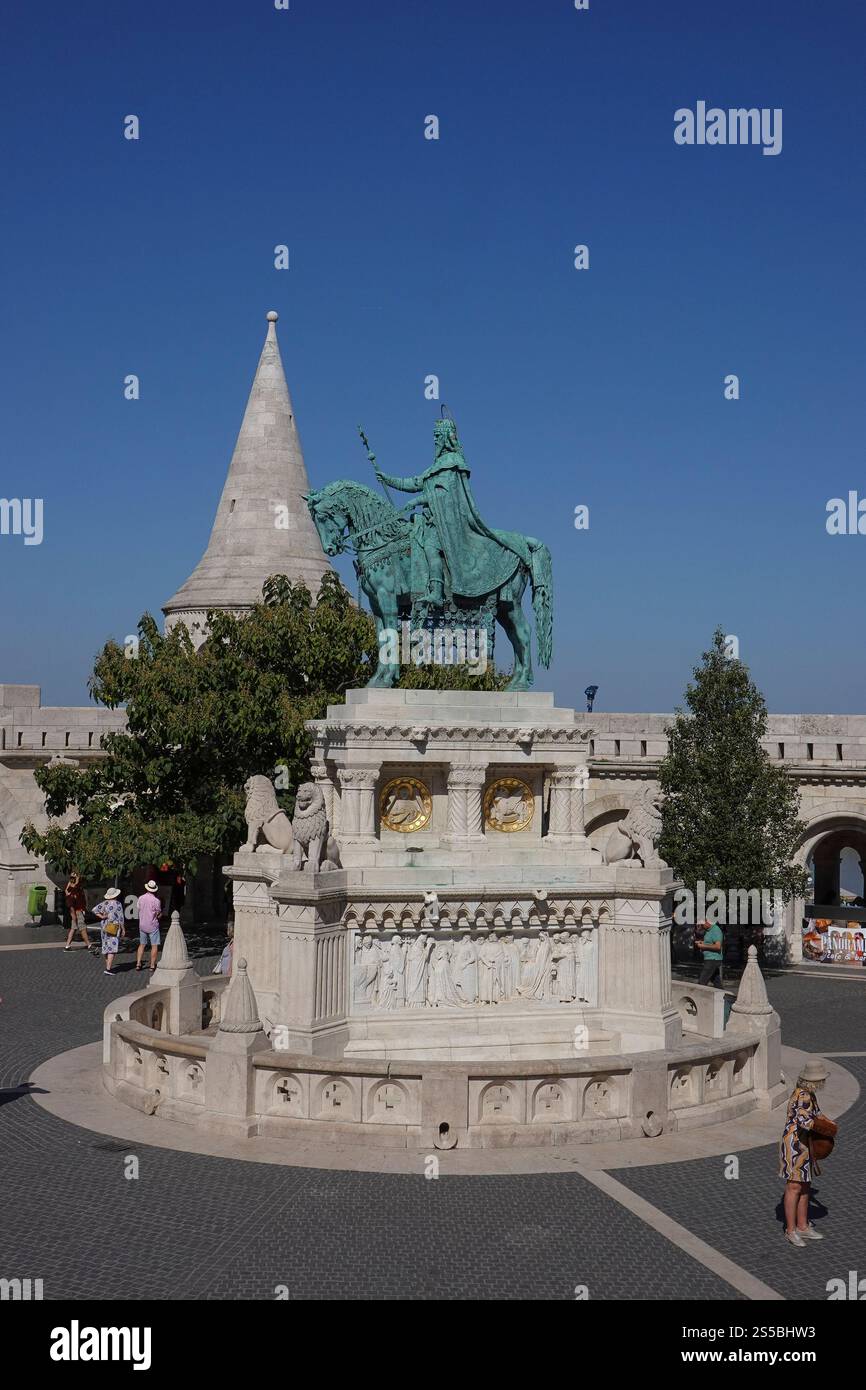 Hungary, Budapest, Fisherman's Bastion and equestrian statue of of King ...