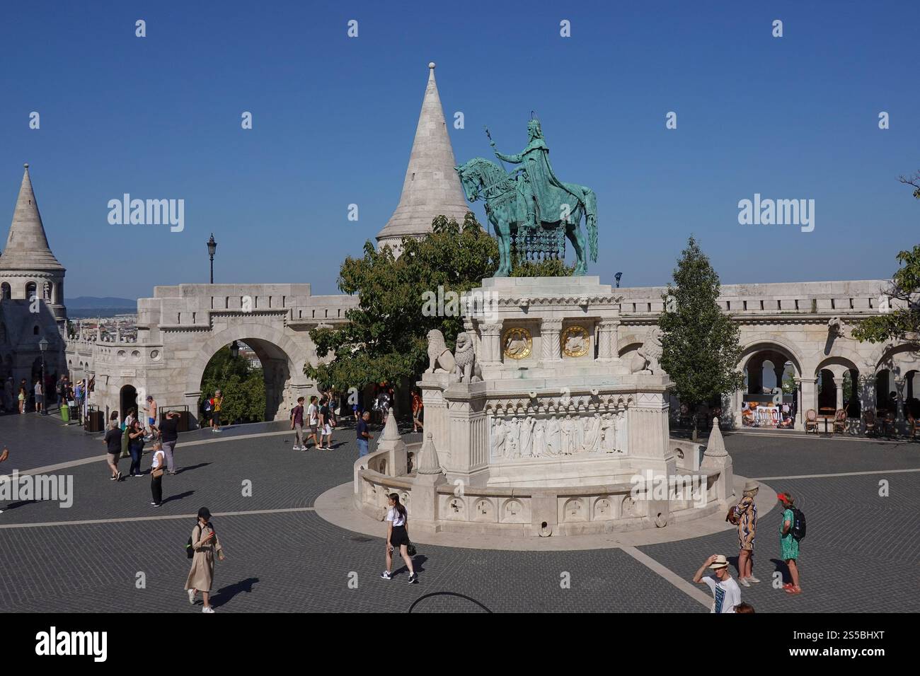 Hungary, Budapest, Fisherman's Bastion and equestrian statue of of King ...