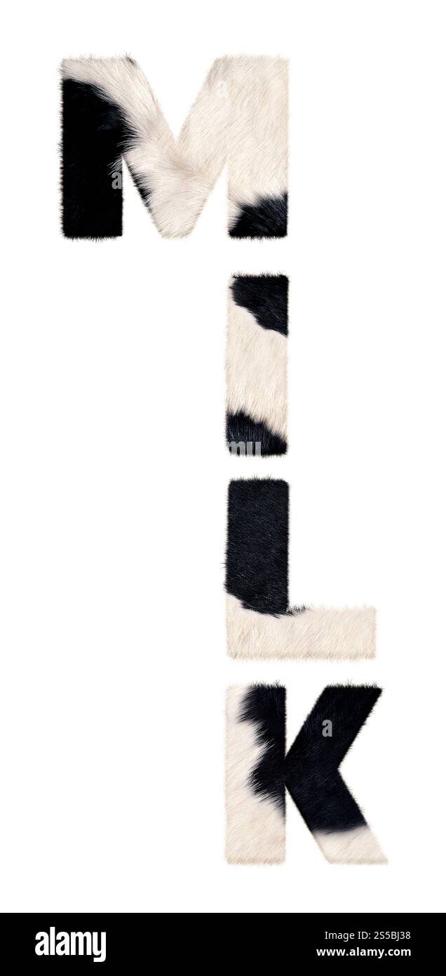 Milk word from cow fur isolated on white background. Milk word from cow ...