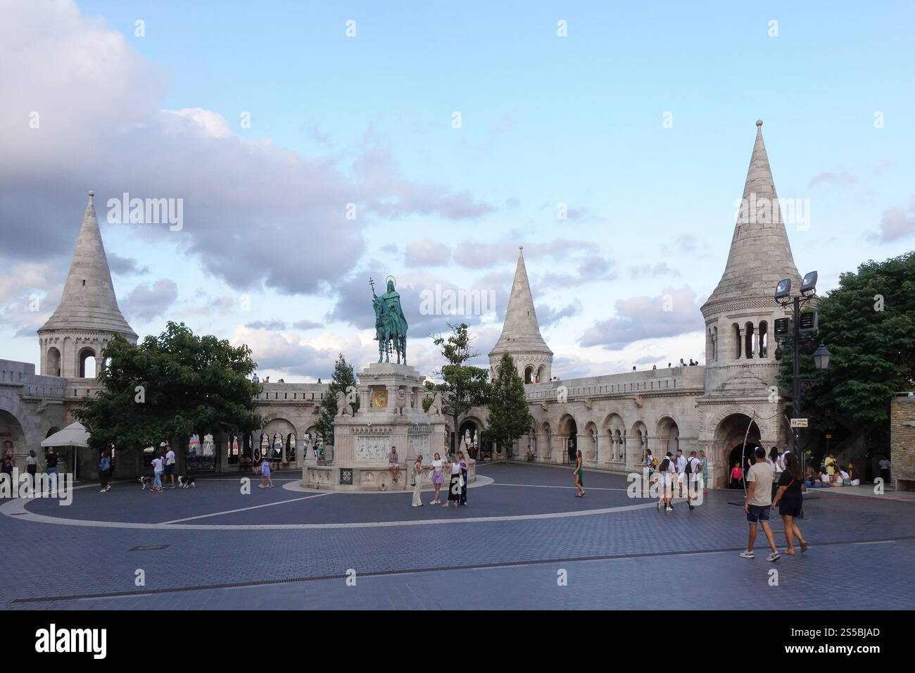 Hungary, Budapest, Fisherman's Bastion and equestrian statue of of King ...