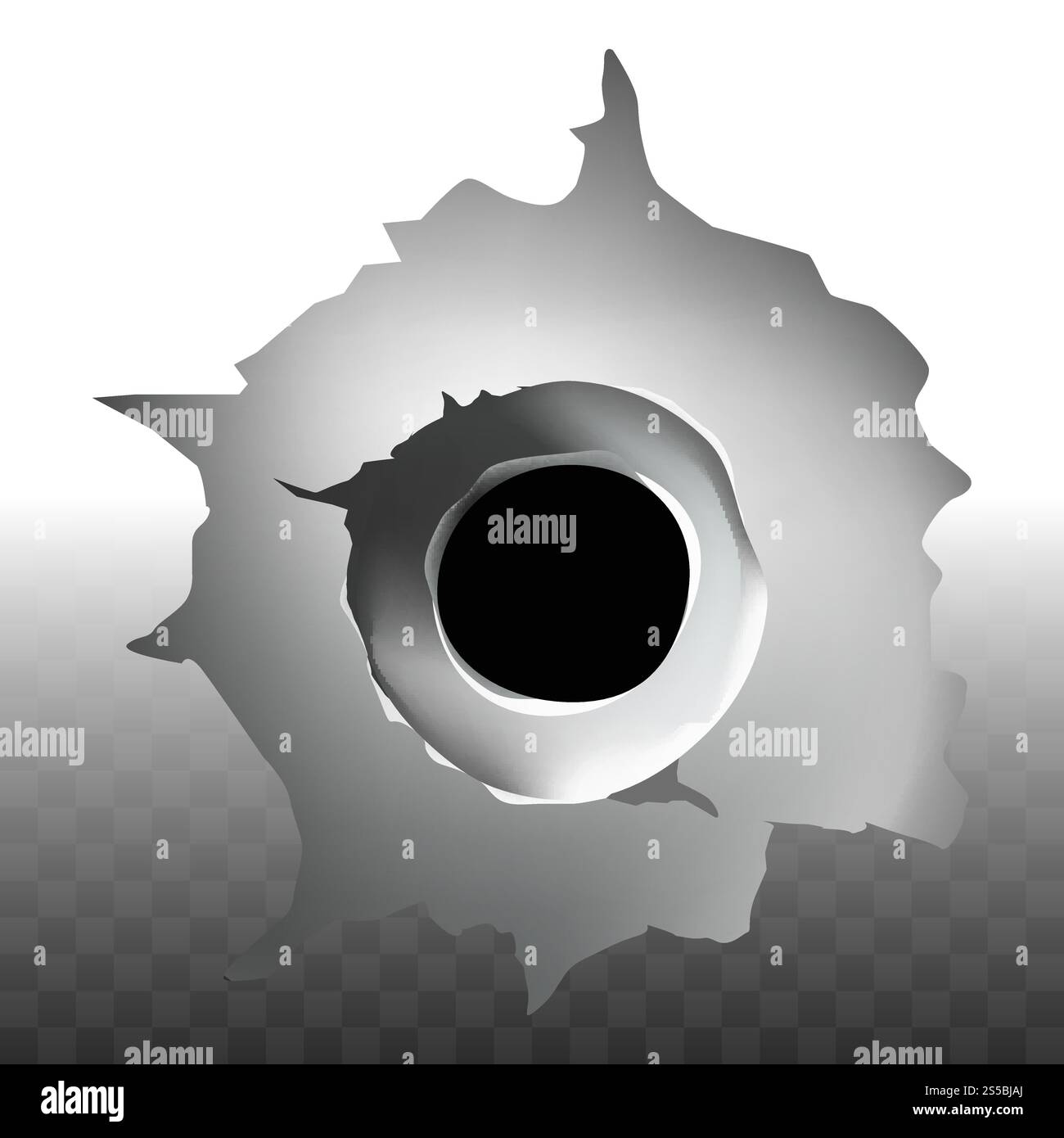 Bullet shot hole with crack on glass or metal wall and transparent ...