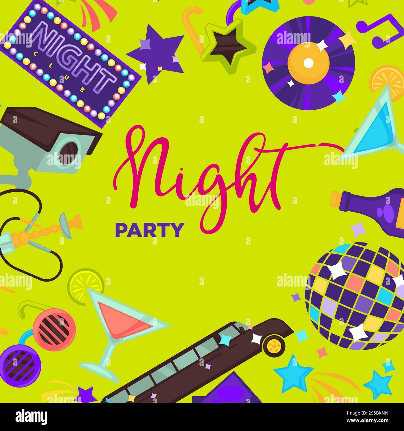 Night party promo poster with shiny disco themed elements. Vinyl disc ...