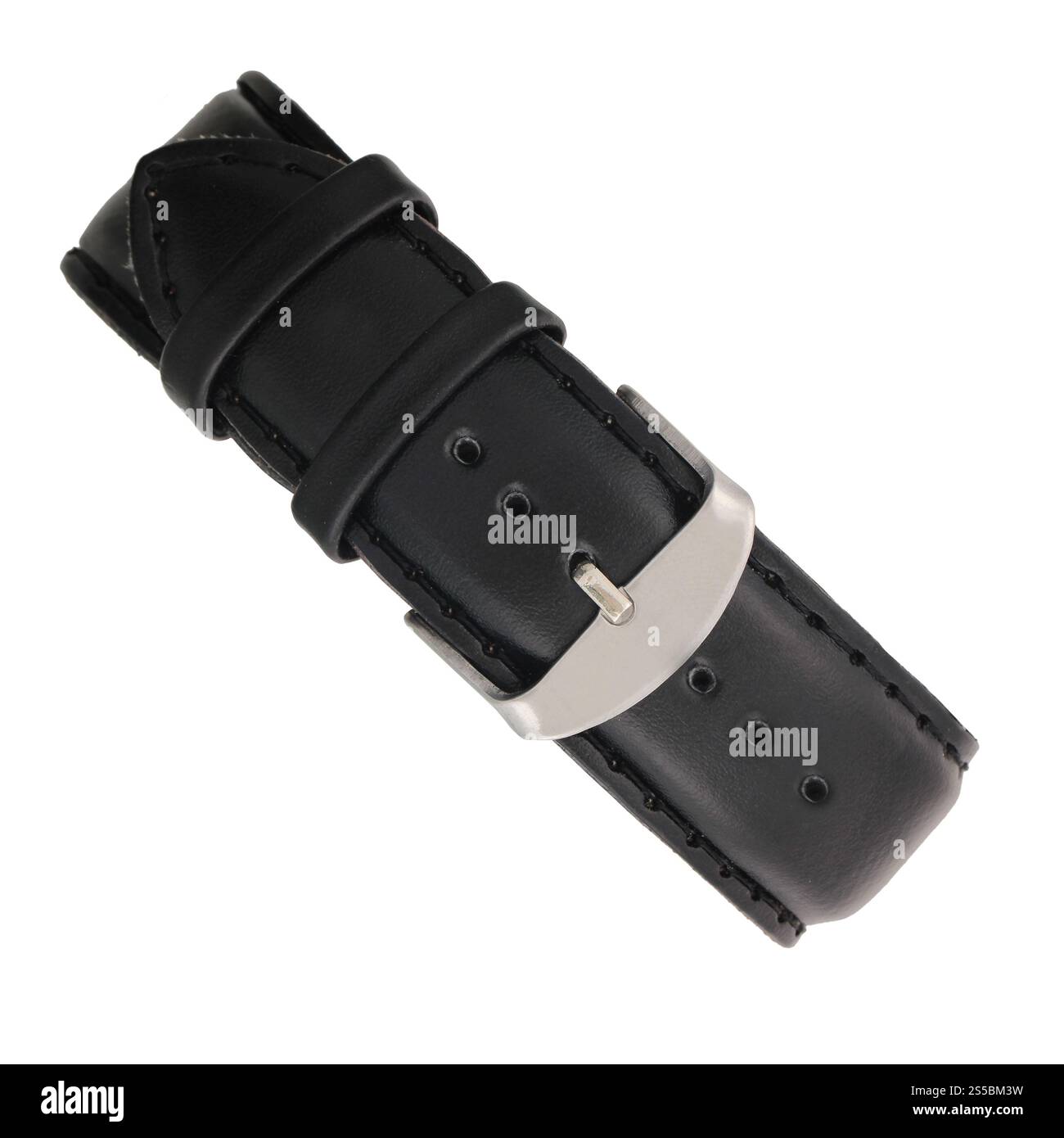 Black leather belt with a rectangular buckle isolated on white ...