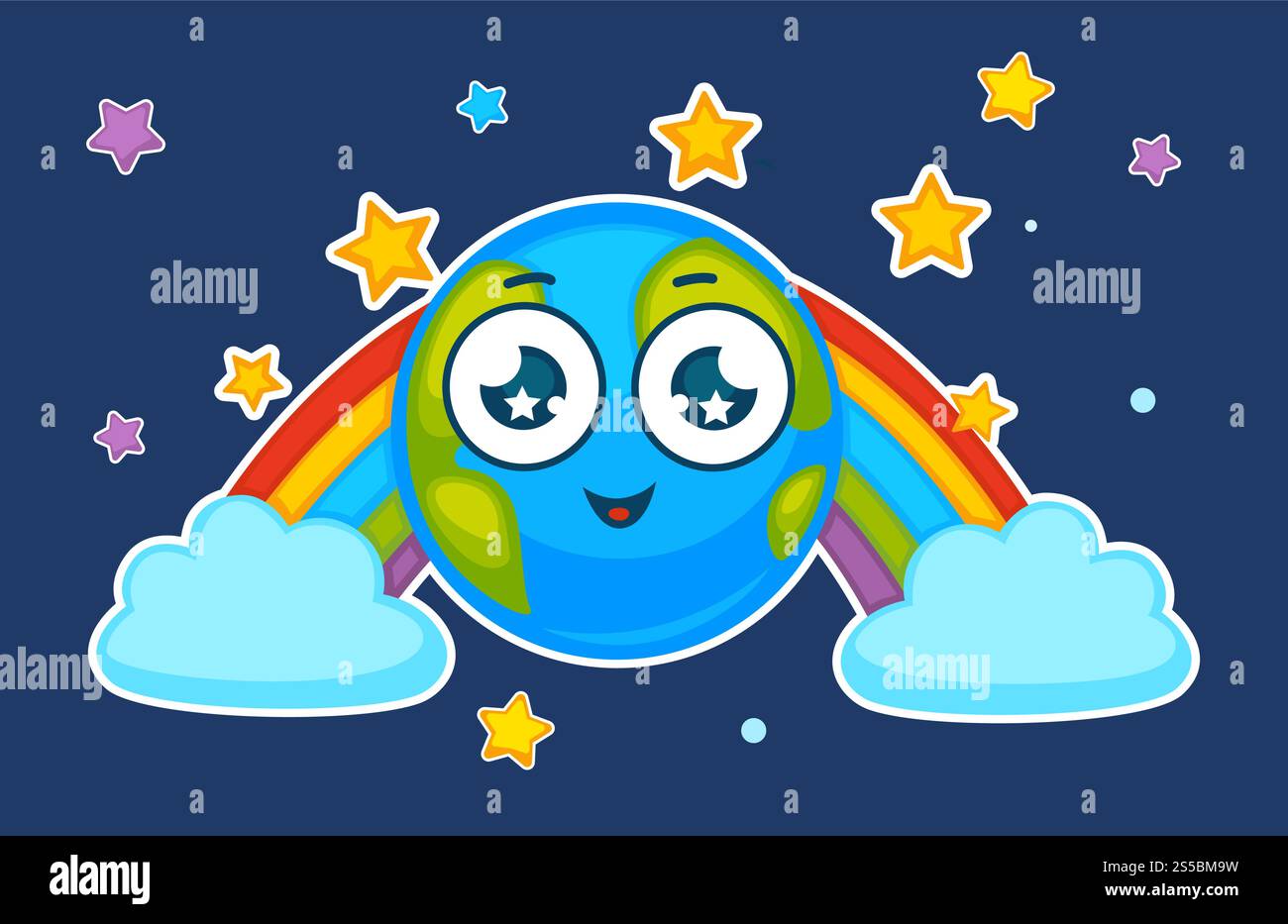 Cartoon earth planet happy smiling with rainbow and stars. Vector earth ...
