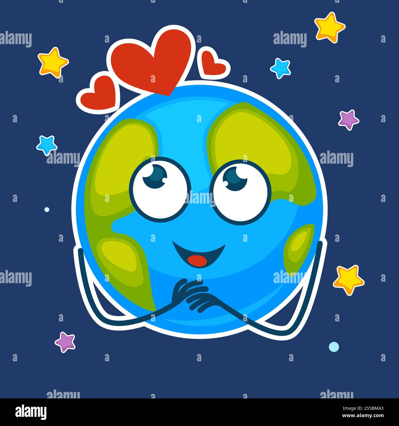 Earth with dreamy face and hearts above in starry sky. Planet that has ...