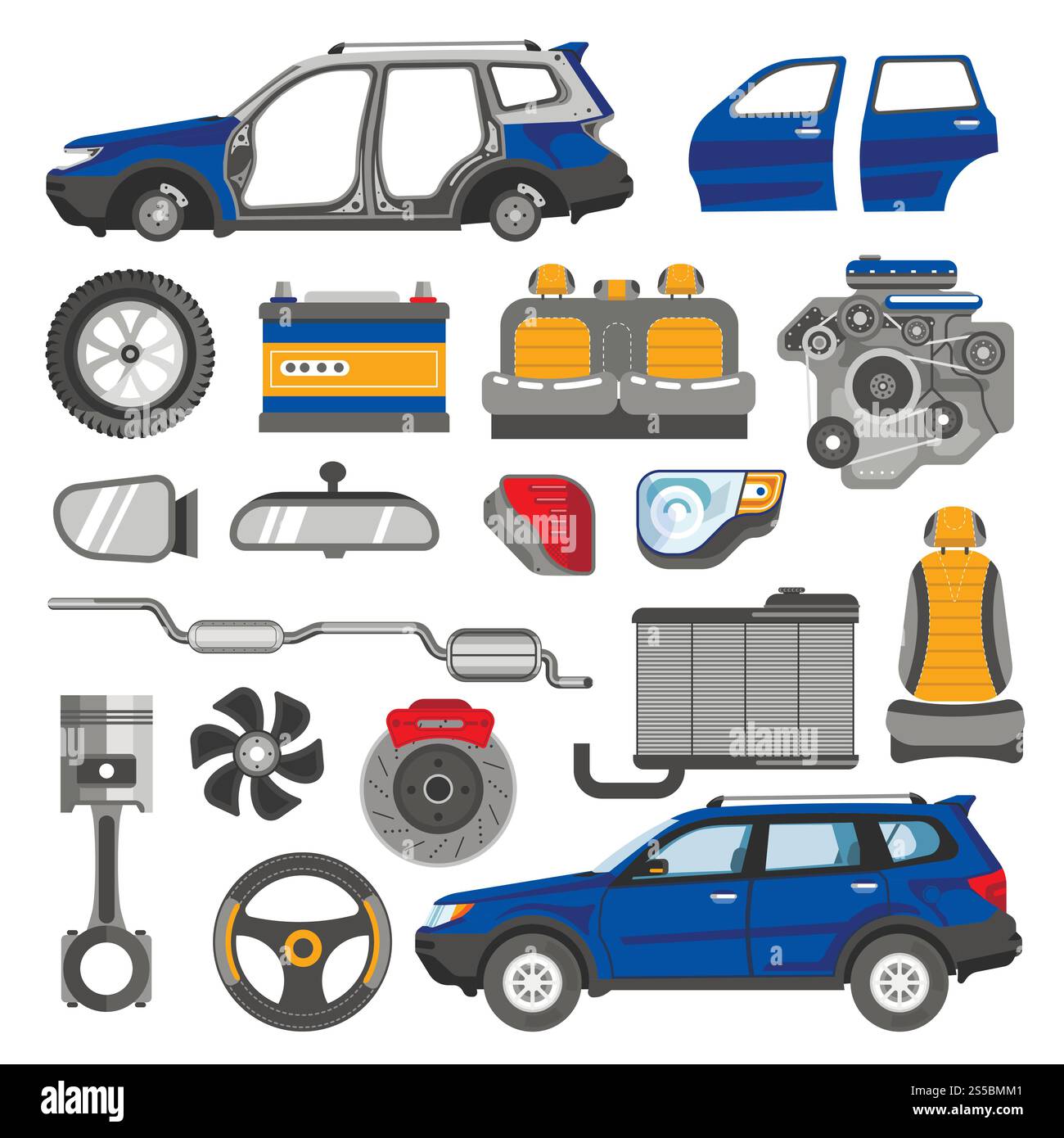 Modern car in solid and disassembled form with all details. Vehicle ...