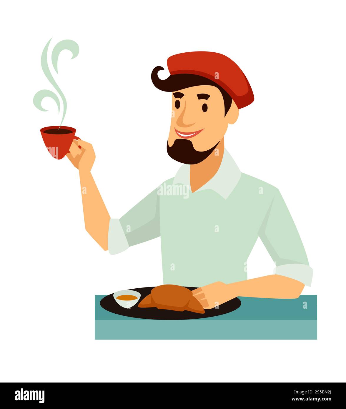 Frenchman in beret has traditional tasty French breakfast. Man with ...