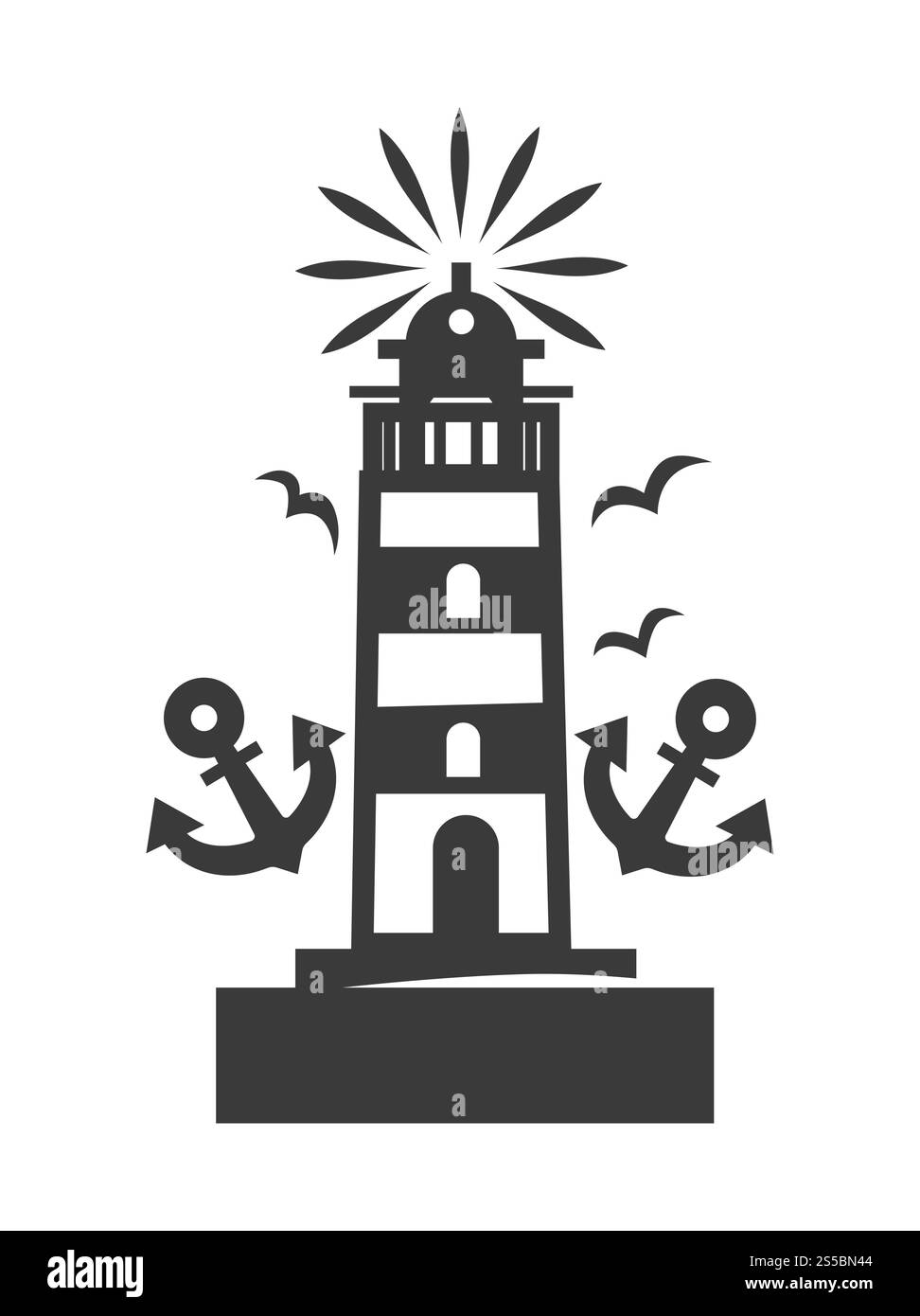 Tall beacon with bright light on top surrounded with gulls and two ...
