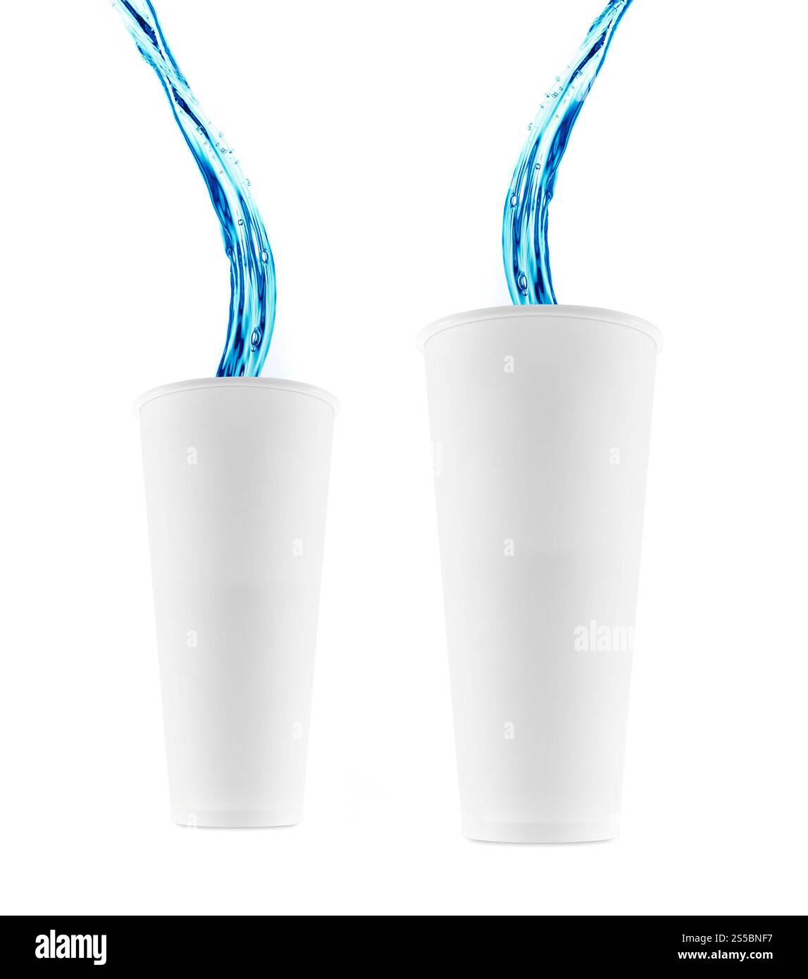 water pouring into plastic cups isolated on a white background. water ...