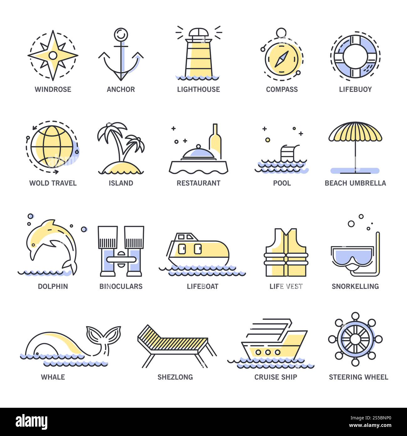 Cruise travel or summer vacation flat line icons. Isolated symbols of ...