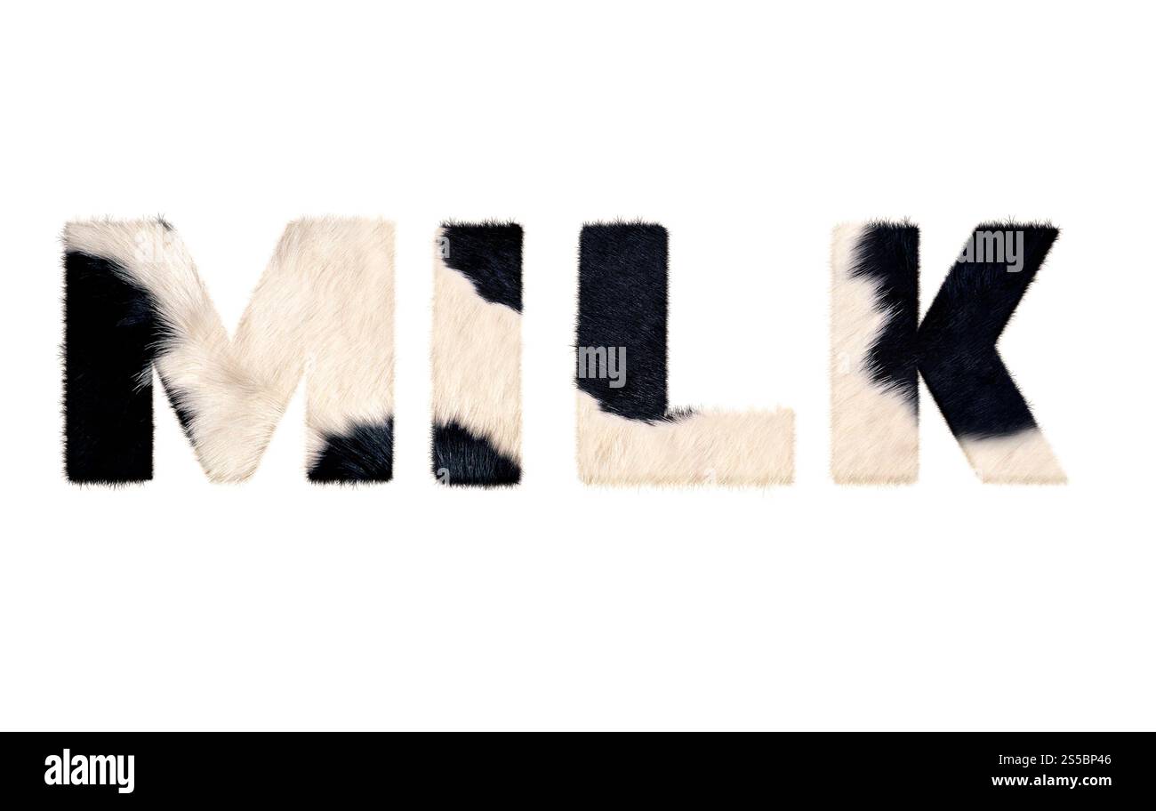 Milk word from cow fur . Isolated on white background. With clipping ...