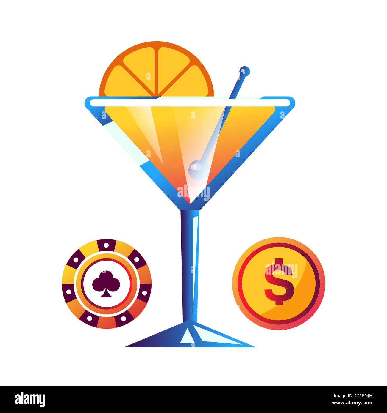 Cocktail with orange, plastic poker chip and gold coin. Delicious ...