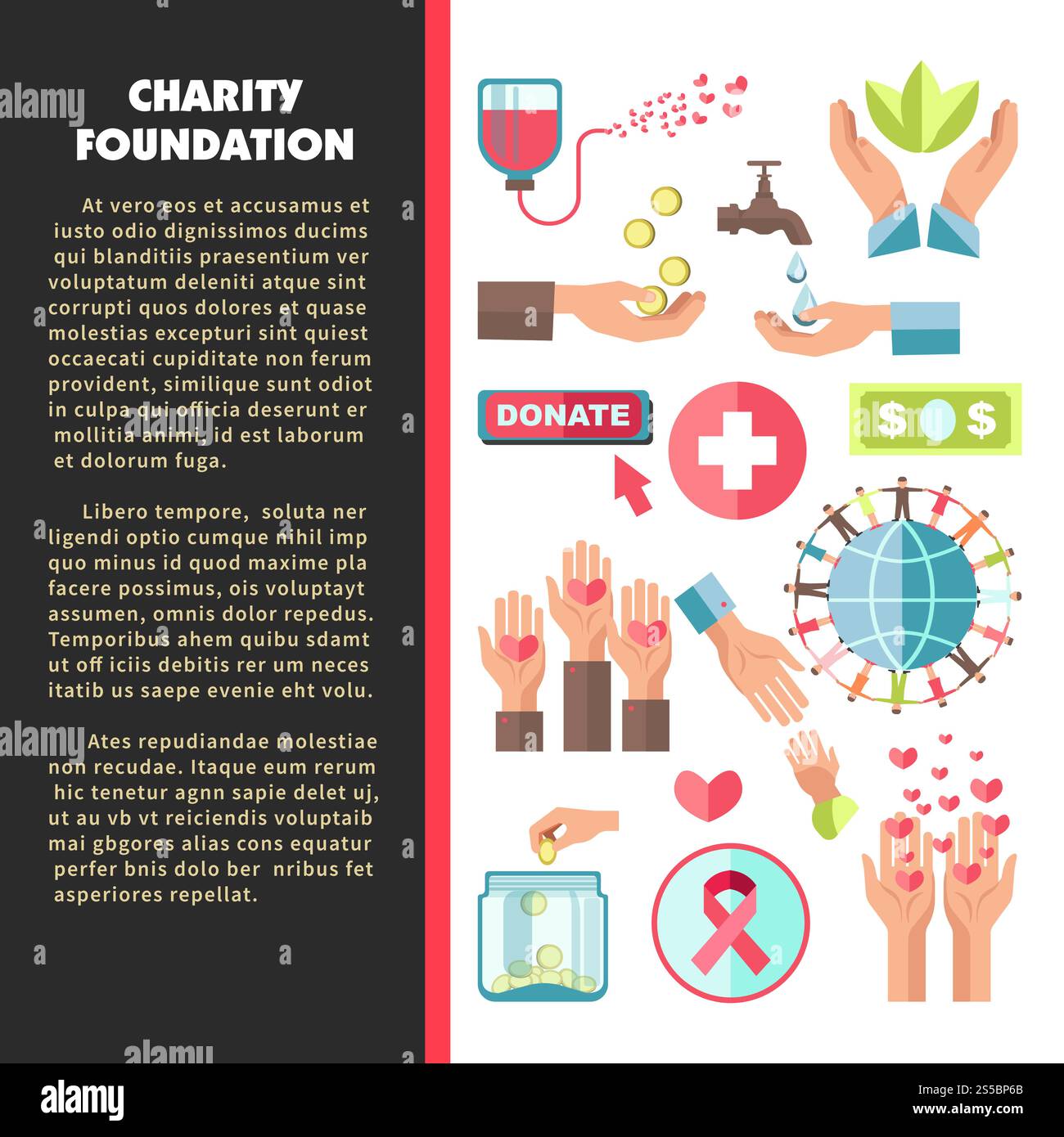 Charity foundation promo poster with sample text and symbolic icons ...