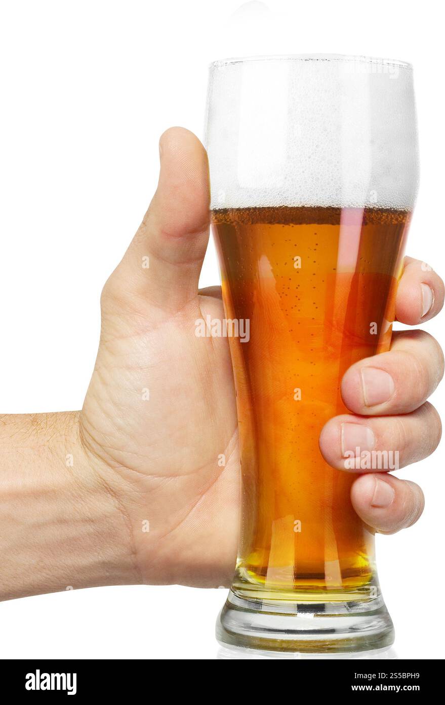 hand hold glass mug of beer isolated on white background. hand hold ...
