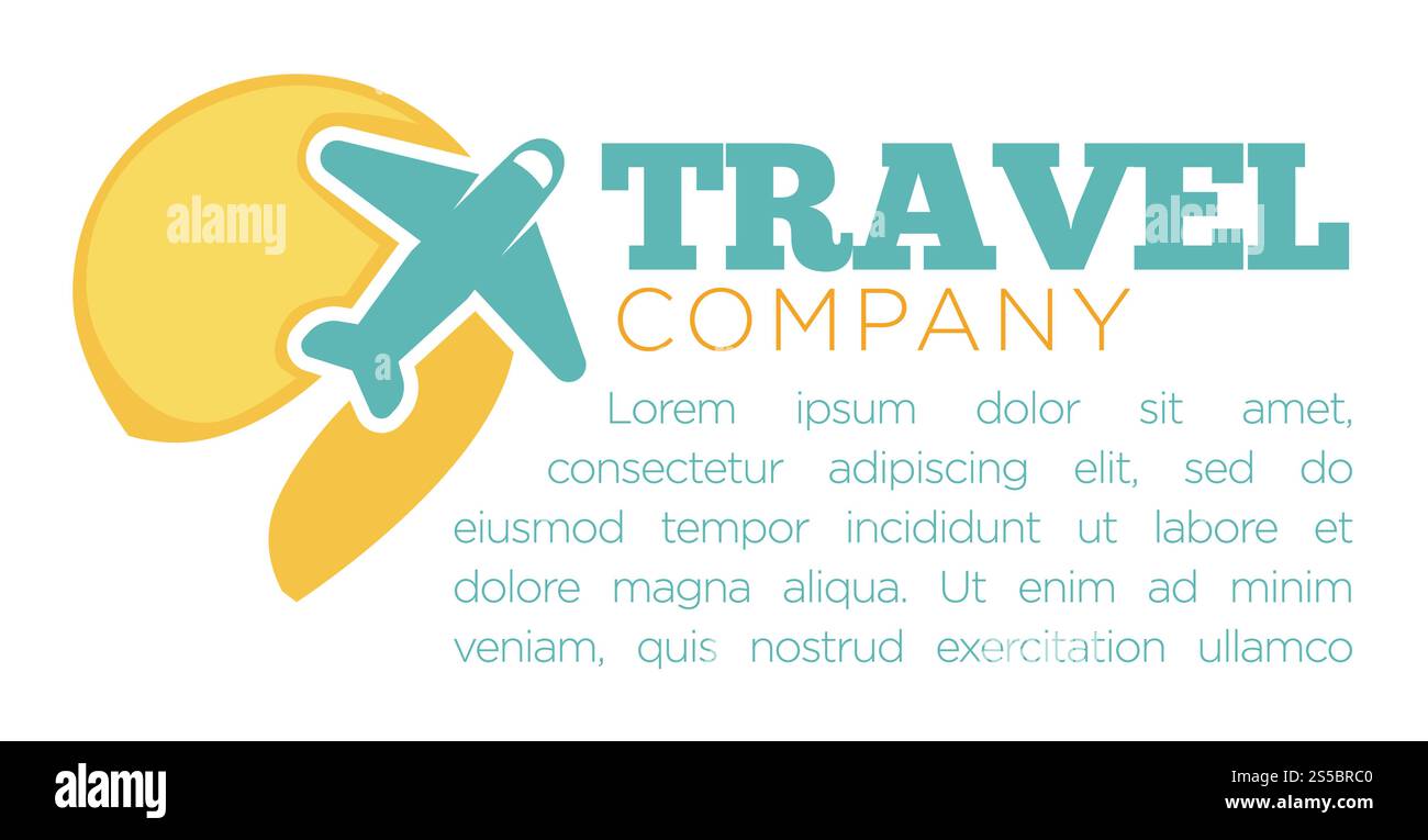 Travel company promotional banner with airplane and sample text. Golden ...