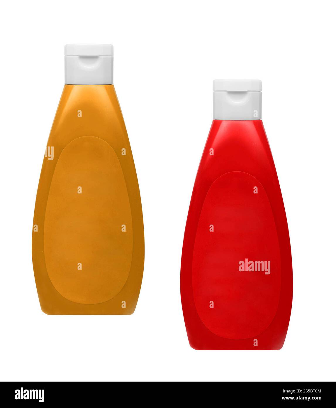 plastic ketchup and mustard bottles isolated on white background ...