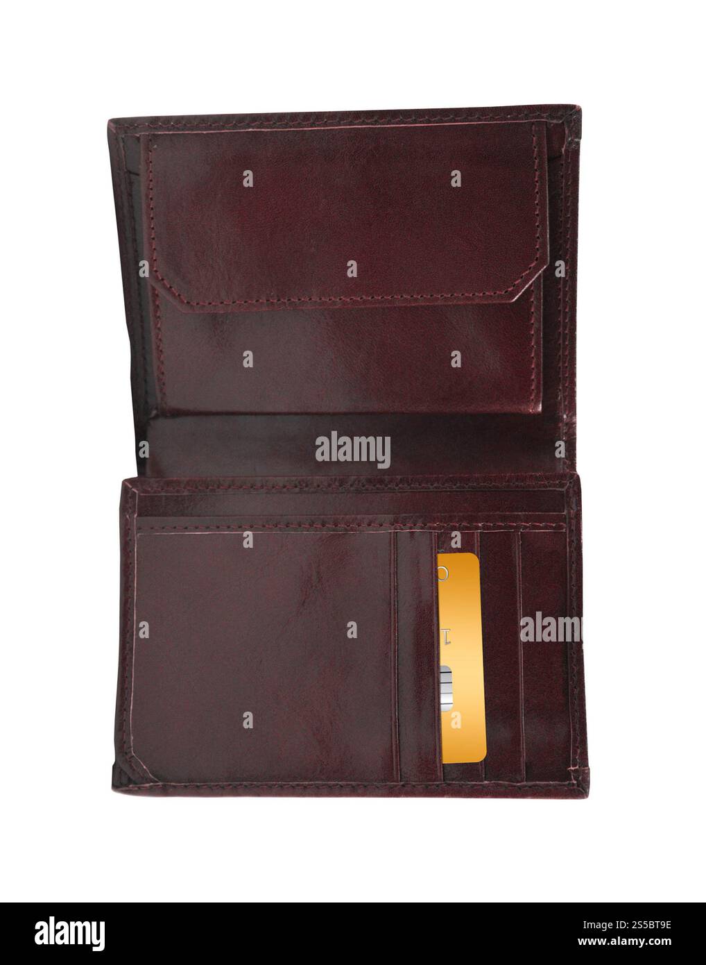 Open wallet with golden card isolated on white background. Open wallet ...