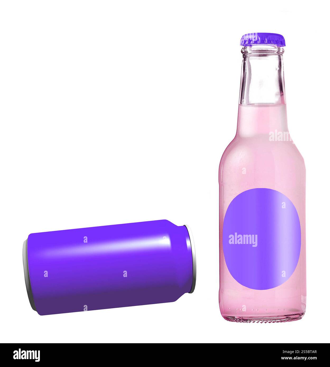 violet aluminum can with soda in glass bottle isolated on a white background. violet aluminum ...