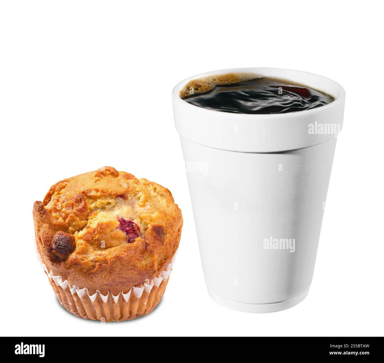 hot plastic coffe cup with chip muffin isolated on a white background ...