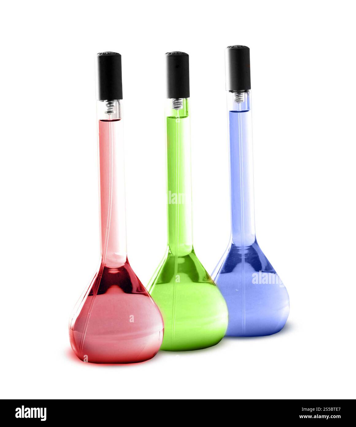Laboratory glassware with liquids of different colors isolated on white ...