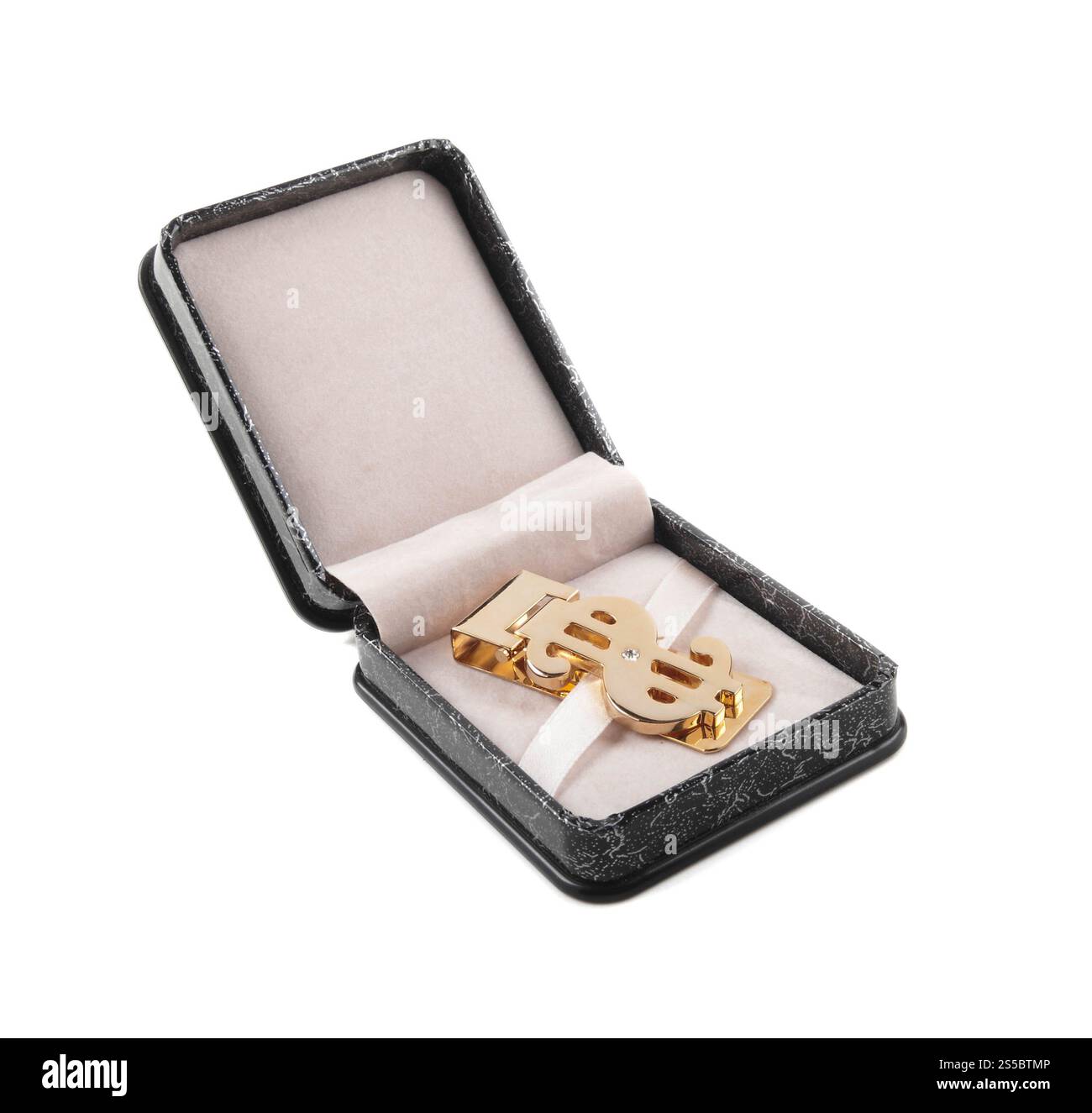 golden clip in box isolated on white background. golden clip in box ...