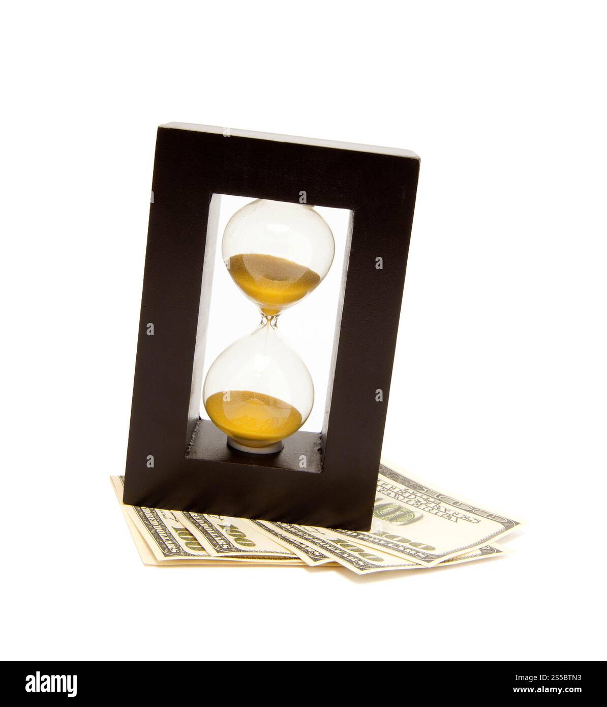 Sand clock with money isolated on white background. Sand clock with ...