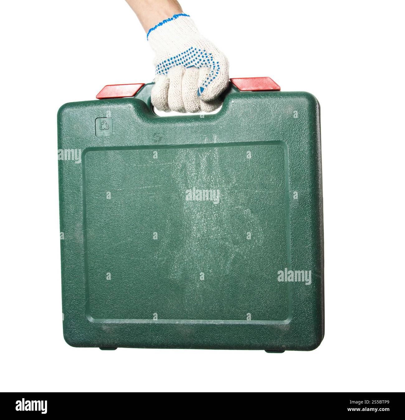 Green tool box in workers hand isolated on white background. Green tool ...