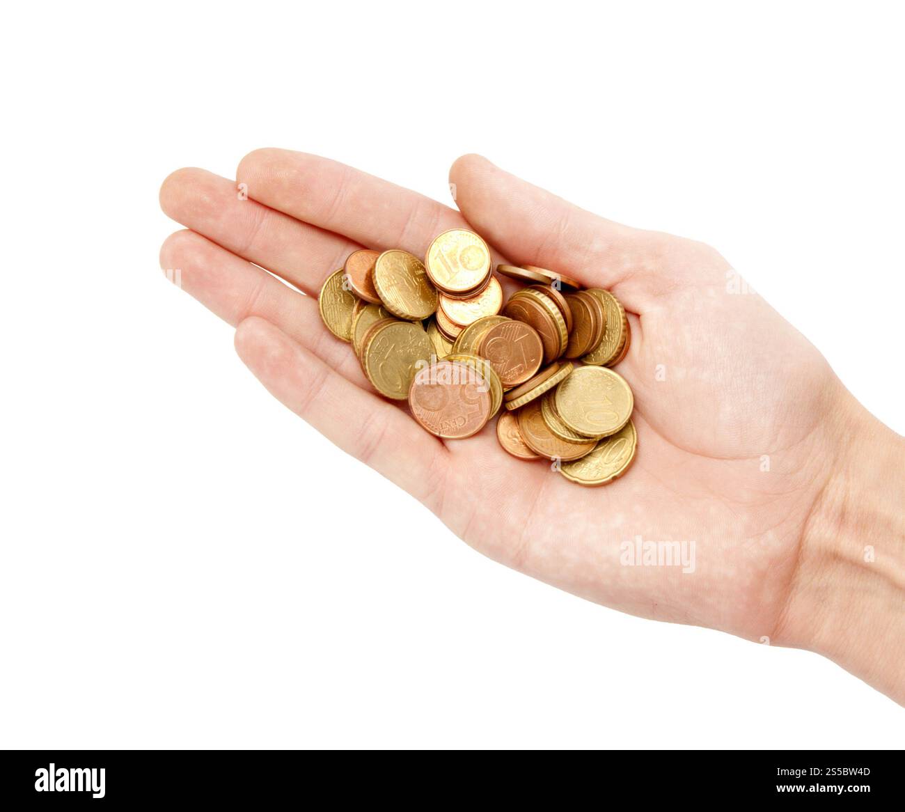 Coins in hand isolated on white background Stock Photo - Alamy