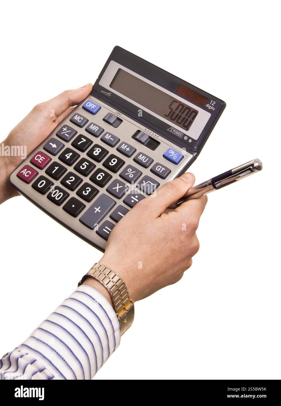 Male businessman using a calculator isolated on white background. Male ...