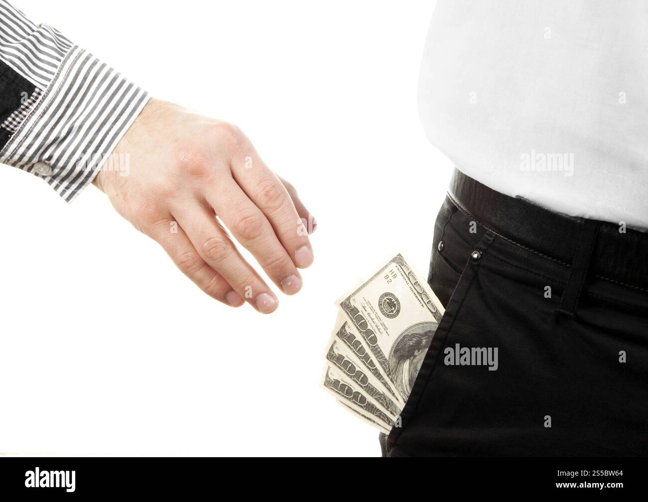 Hand taking money from pocket isolated on white background. Hand taking ...