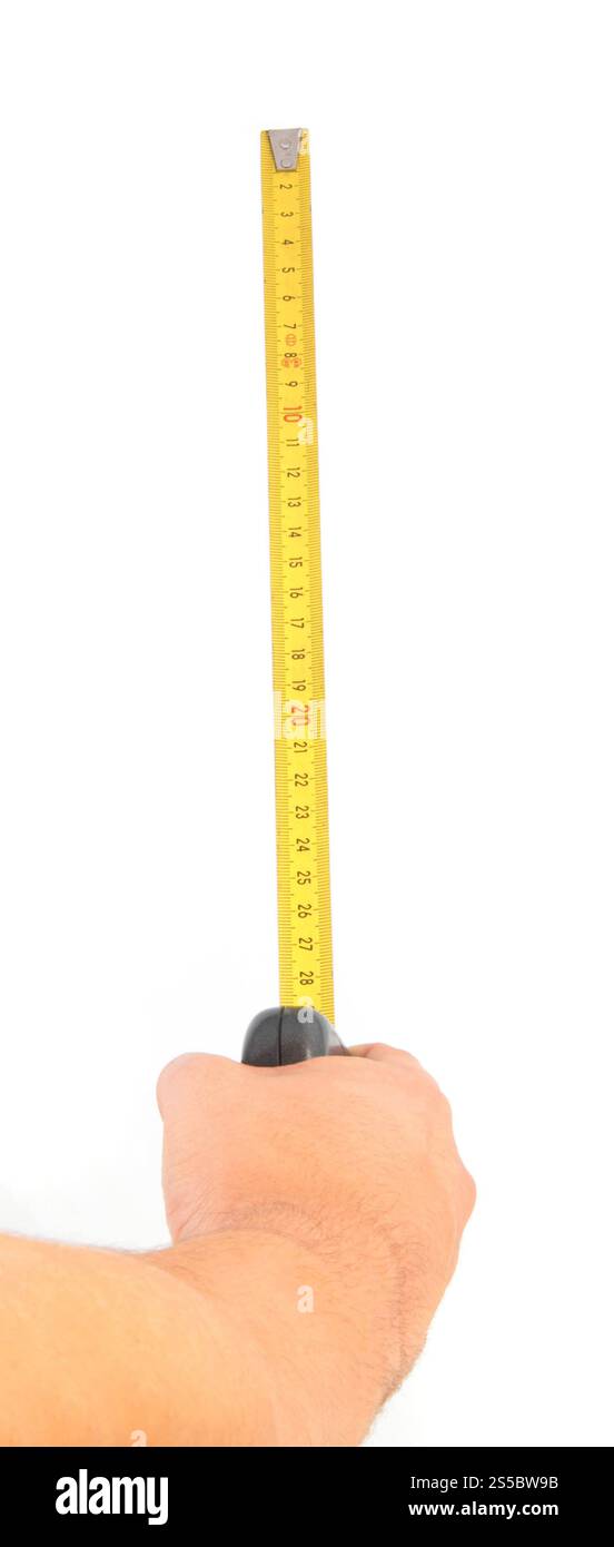 hand measuring by tape measure isolated on white background. hand ...