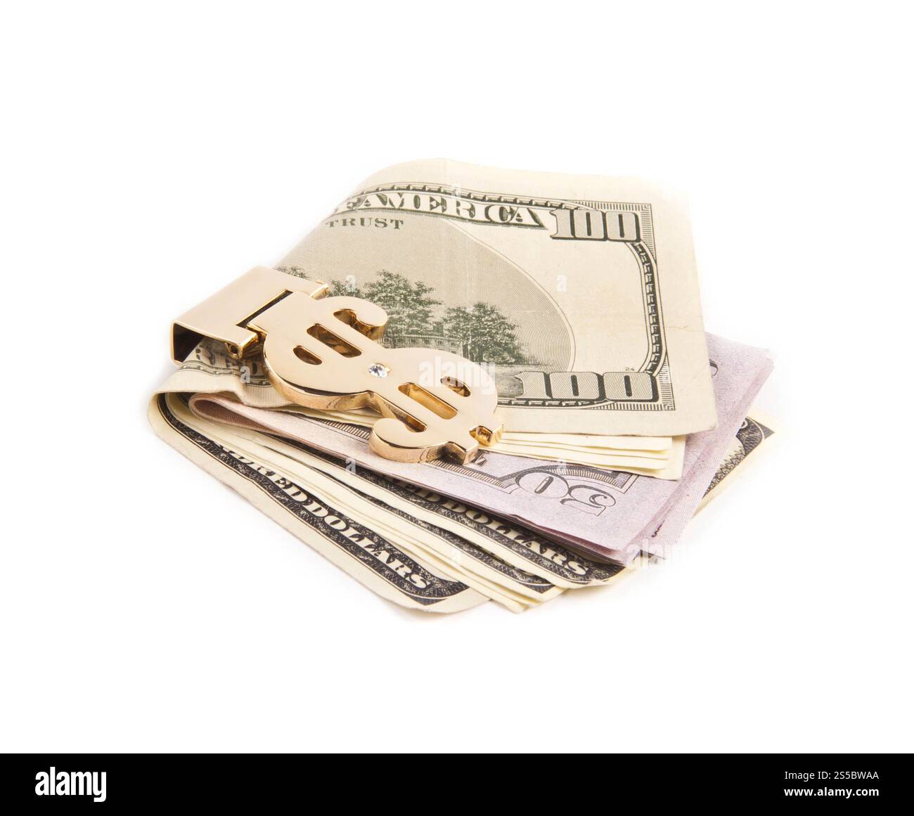 dollar with golden clip isolated on white background. dollar with ...